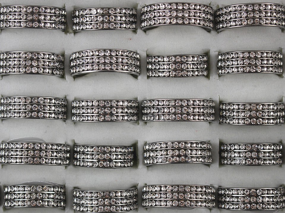 35pcs Wholesale Lots Clear 3Rows Rhinestone Ring Men's Stainless Steel ...