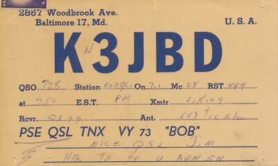 QSL CARD HAM RADIO K3JBD KN3JBD BOB BALTIMORE 17, MARYLAND YEAR 1959 | eBay