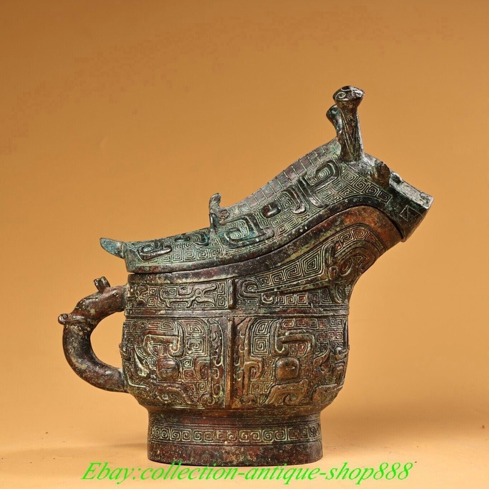 8.2" Old Chinese Shang Zhou Dynasty Bronze Ware Beast Head Wine Pot Jar ...