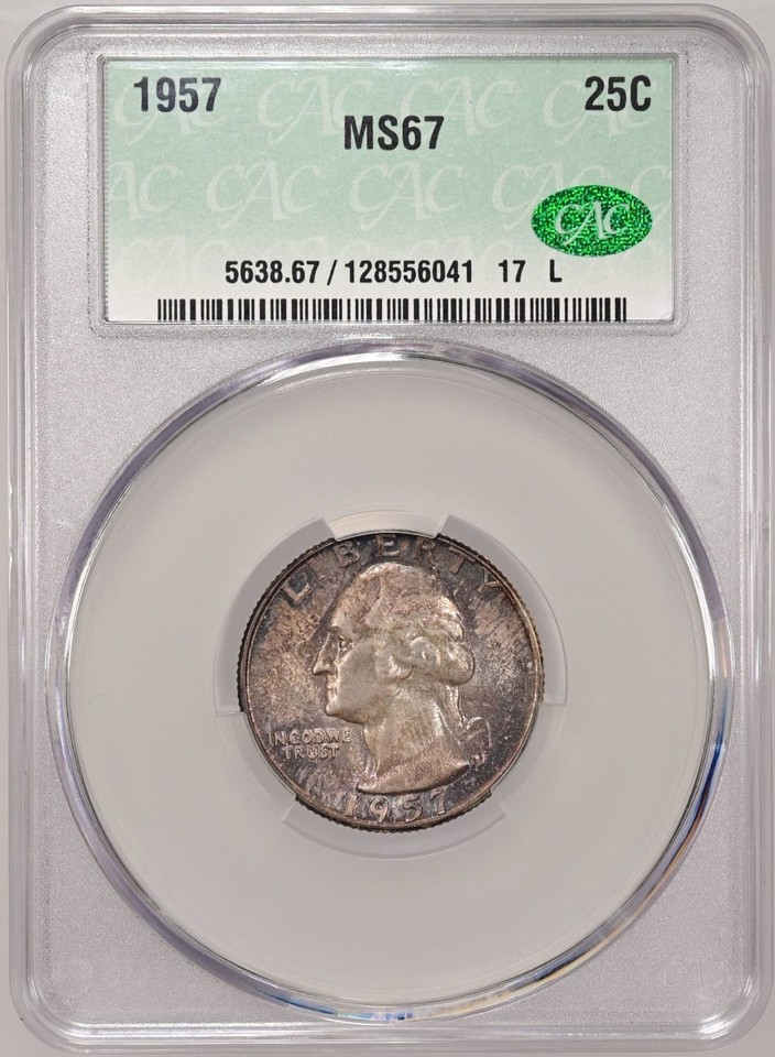 1957-P 25C MS67 CACG Washington Quarter Silver CAC Image Secure Toning ...