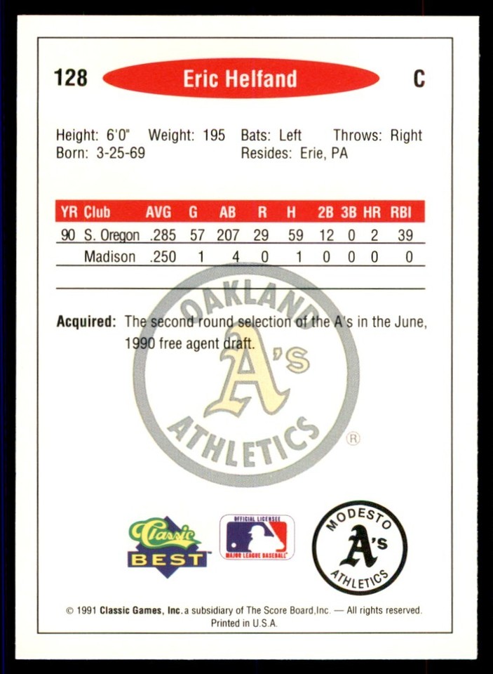 1991 Classic Best Minor League Eric Helfand Baseball Cards #128 | eBay