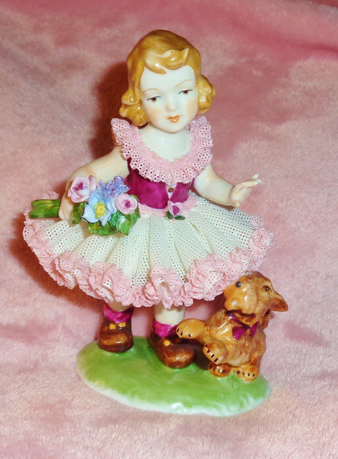 Gorgeous Dresden Germany Porcelain Lace Girl Flower Scottie Terrier Dog ...