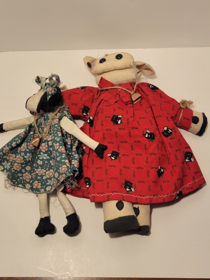 Vintage Handmade Cow Rag Dolls In Dresses With Bells Set Of 2 | eBay