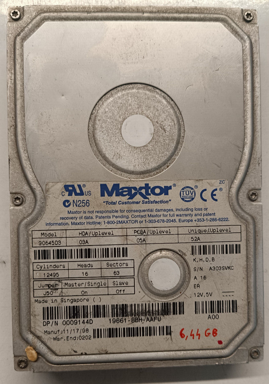 Maxtor 90645D3 6.44GB 0009144D 301193100 VEGA III Hard Disk IDE PATA 3. ...