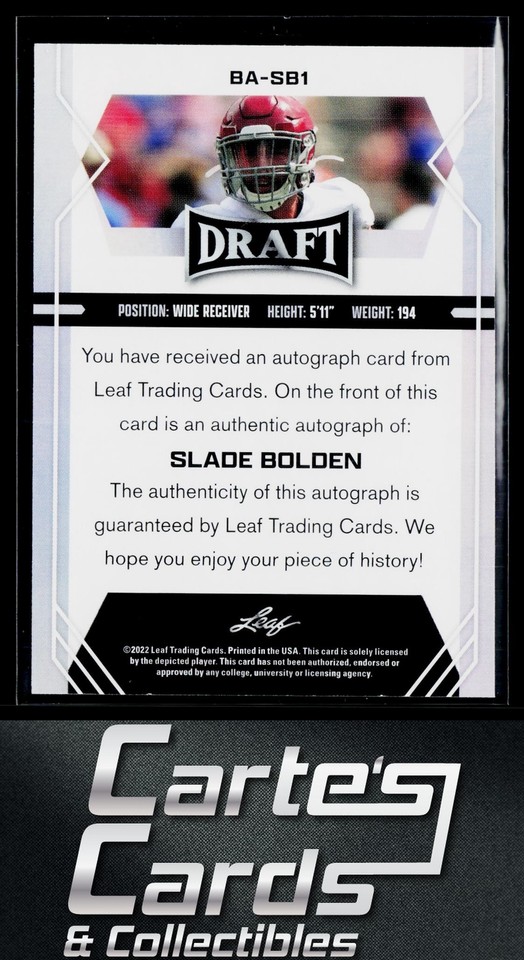 Slade Bolden 2022 Leaf Draft #BA-SB1 Autographs Alabama Crimson Tide ...