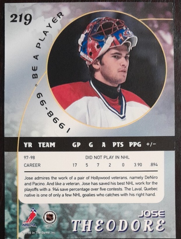 1998 - 1999 ITG Be A Player Jose Theodore Gold Series #219 Hockey Card ...