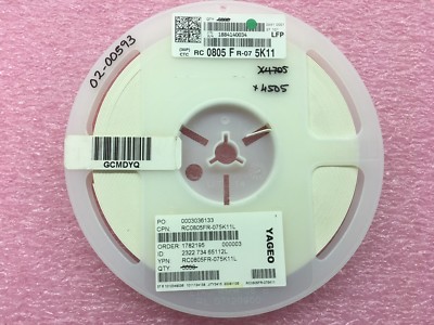 (4,505 PIECE REEL) RC0805FR-075K11L, YAGEO, RES SMD 5.11K OHM 1% 1/8W ...