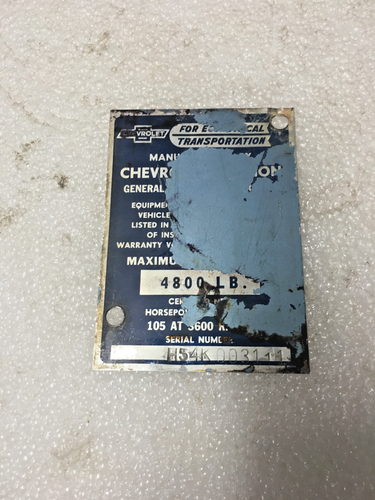USED ORIGINAL 1954 CHEVY TRUCK ID PLATE H54K | eBay