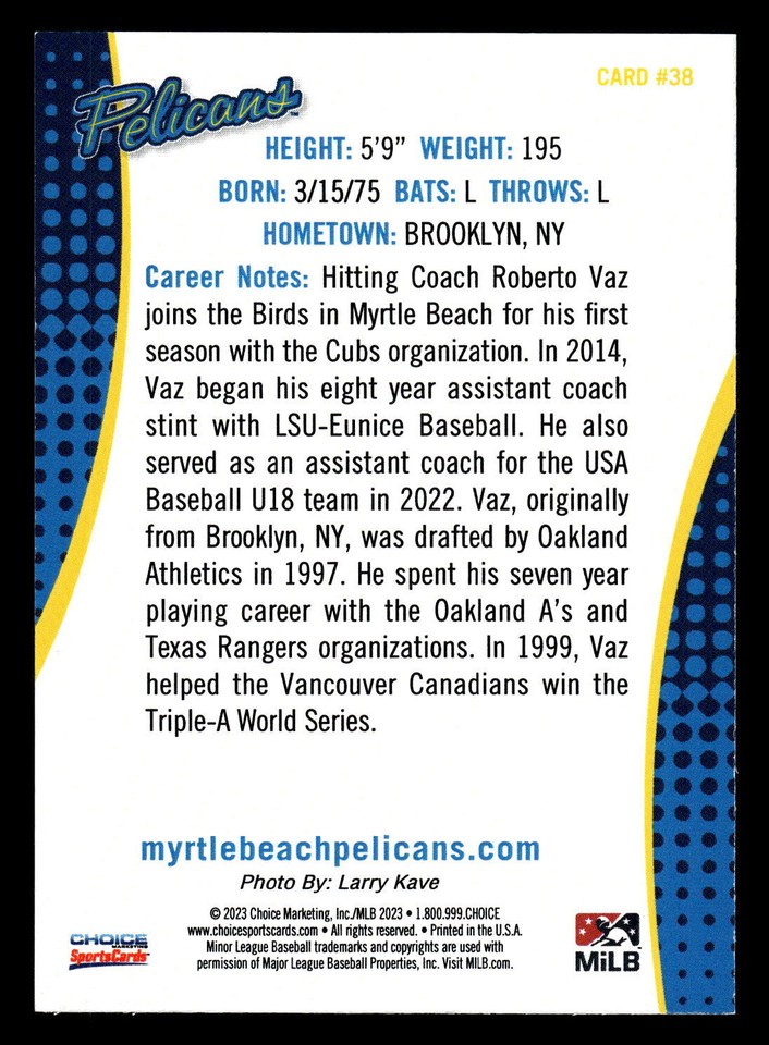Roberto Vaz 2023 Choice Myrtle Beach Pelicans #38 Myrtle Beach Pelicans ...