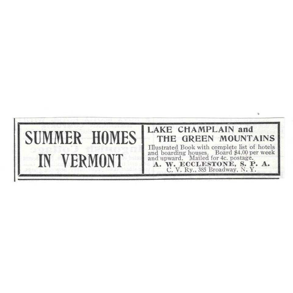 Vermont AW Ecclestone Lake Champlain Broadway NYC 1903 Magazine Ad SAG7 ...