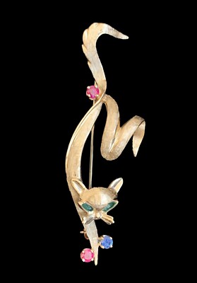 Henry Dankner Cat Brooch 14k with Ruby Sapphire Emerald Stones | eBay