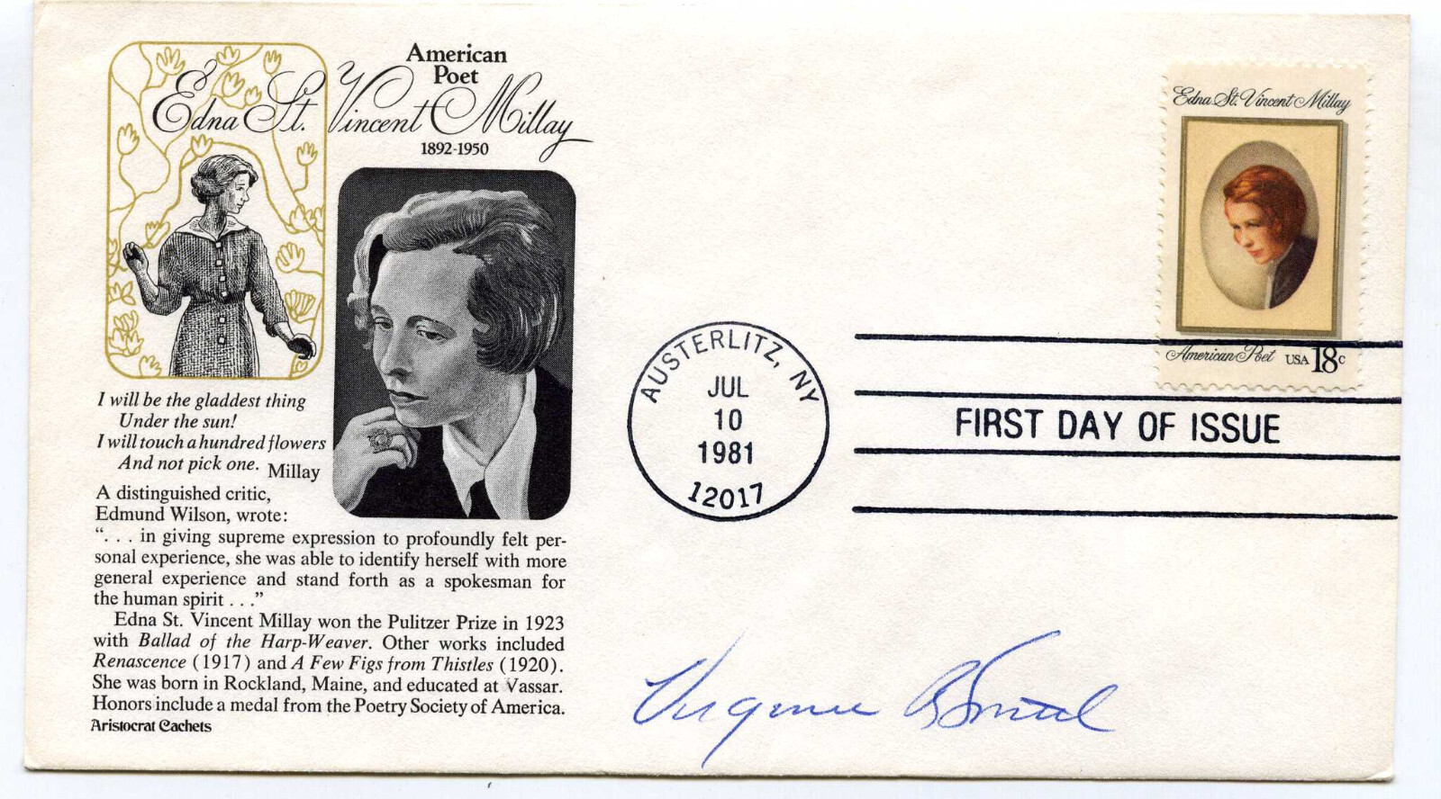 1926 Edna St Vincent Millay Aristocrat Cachets FDC, signed by Virginia ...