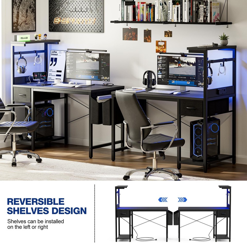 Gaming Desk 40 Inch with Power Outlet and LED Light, Computer Desk with ...