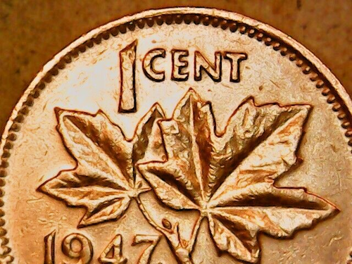 1947 Canada Cent AU Red-Brown Pointed 7 Maple Leaf King George VI ...