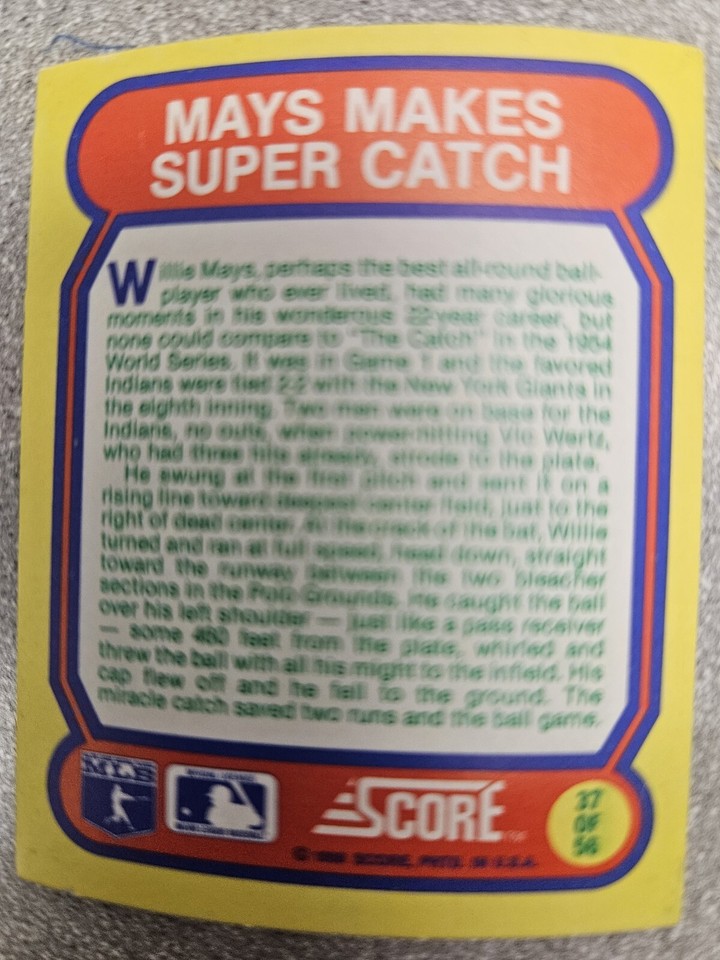 1988 Score Great Moments In Baseball #37 — Mays Makes Super Catch 💥⚾️🔥 ...