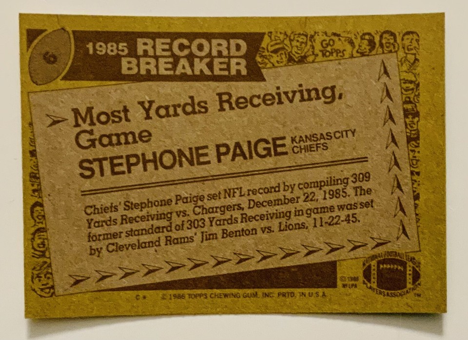 1986 Topps Football Record Breaker Stephone Paige Kansas City Chiefs ...