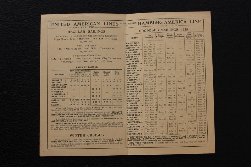 UNITED AMERICAN LINE HAPAG HAMBURG AMERICA SAILINGS LIST LEAFLET 1925 ...