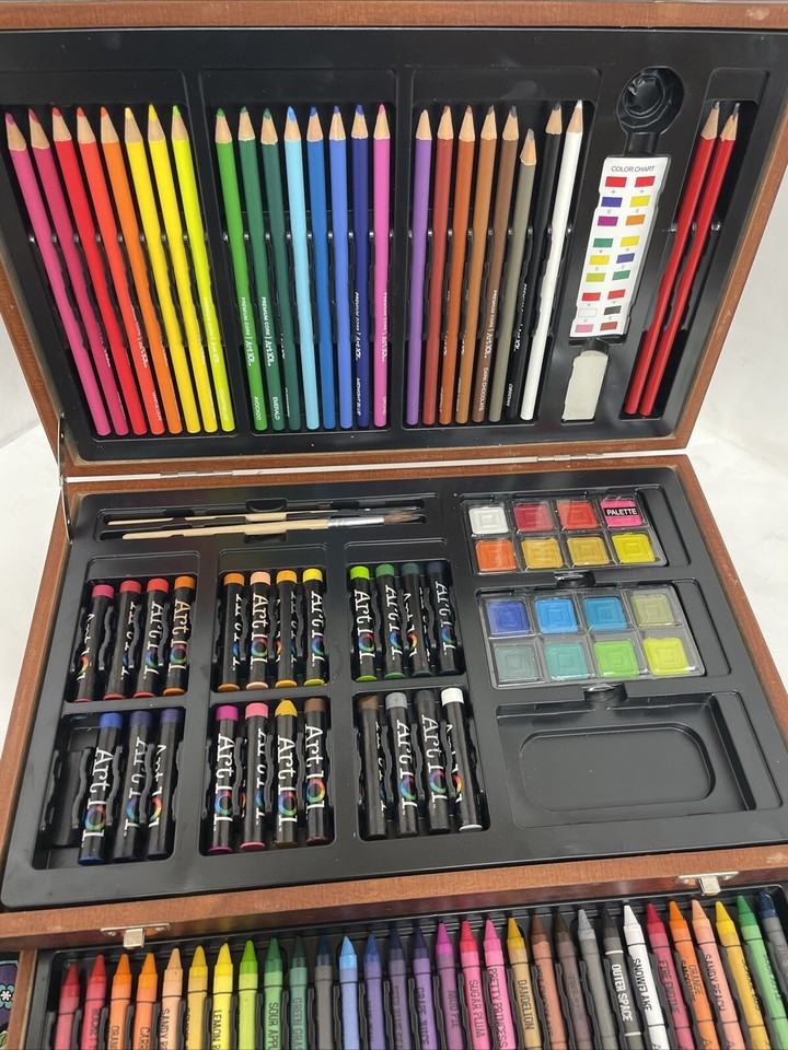 ART 101 DRAWING KIT COLORED PENCILS CRAYONS PAINTS BRUSHES WOOD CASE | eBay