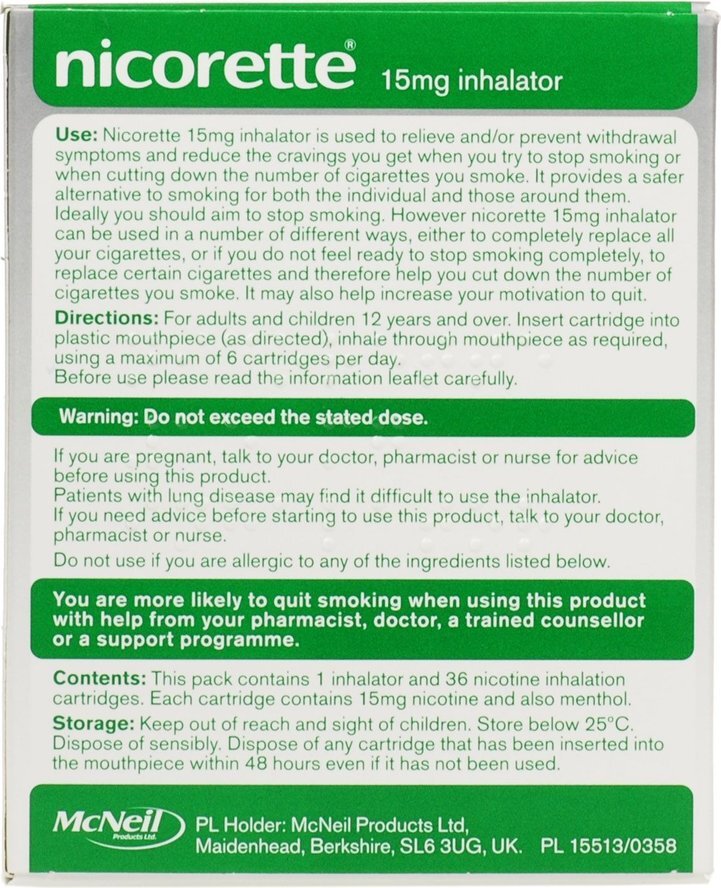 Nicorette Inhalator 15 mg mit 36 Patronen PACKUNGEN 1 2 3 9 6 12 18 ...