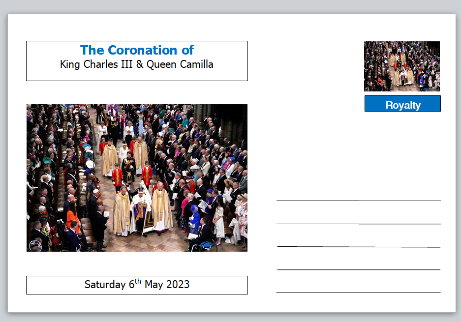 Souvenir postcard - Coronation King Charles III Queen Camilla royalty ...