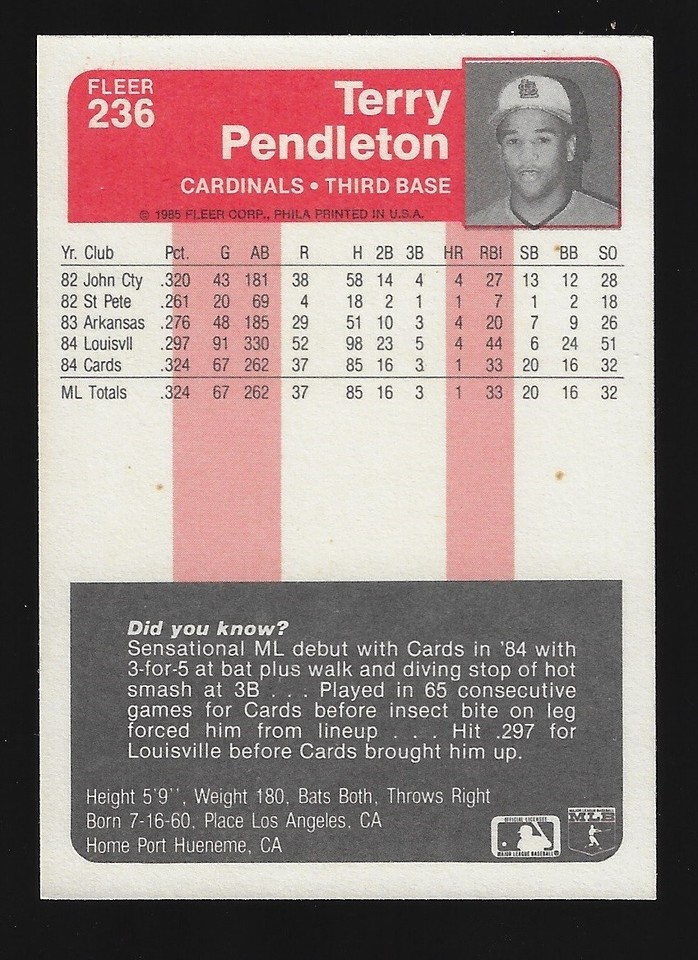 1985 Fleer #236 Terry Pendleton Rookie / RC | eBay