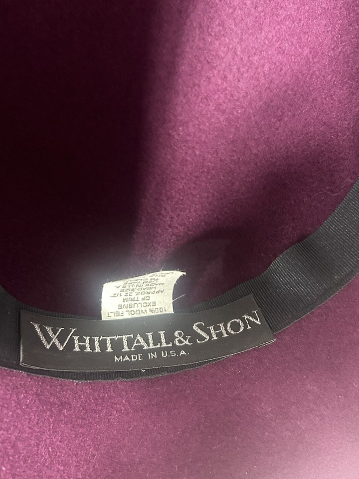 Whittall and Shon Hat Purple Feather Satin Bling 100% Wool Felt 22-1/2 ...