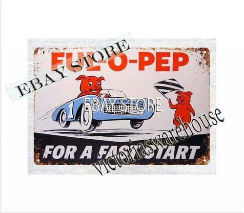 1950s Ful-O-Pep Farm Feed pig racing car metal tin sign man cavechen ...
