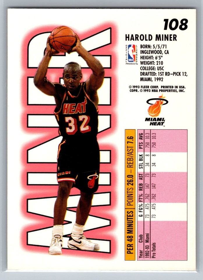 Harold Miner 1993-94 Fleer BASKETBALL #108 Miami Heat | eBay