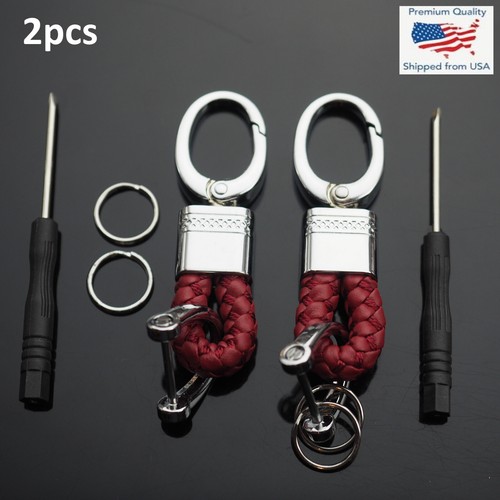 2pcs Wine Red & Silver Woven Leather Fob Keychain Key Split Rings ...