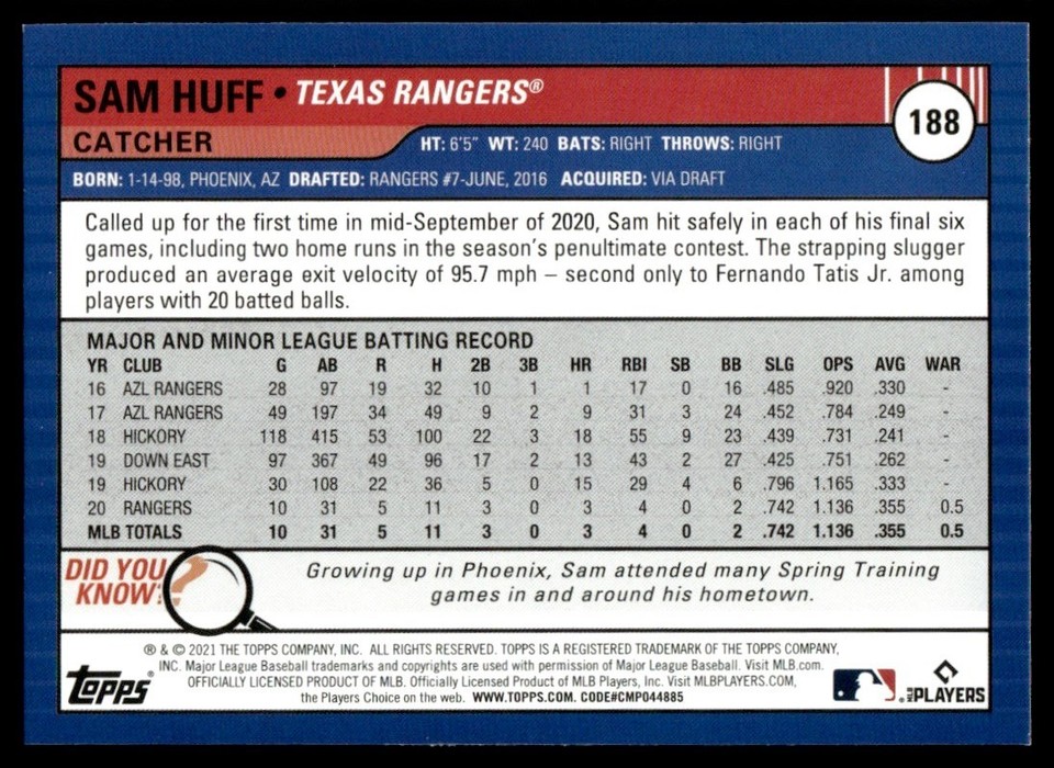 2021 Topps Big League Sam Huff RC RC Texas Rangers #188 10077 | eBay