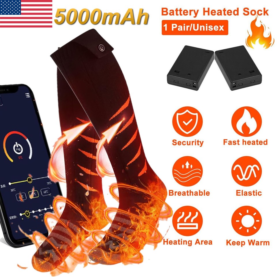 5000mAh Electric Heated Socks Rechargeable Battery Foot Winter Warm ...