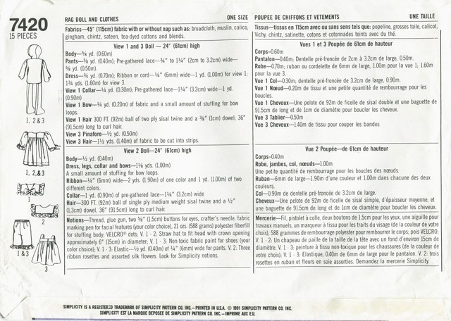 Simplicity 7420 Rag Dolls & Clothes Craft Sewing Pattern Uncut for sale ...