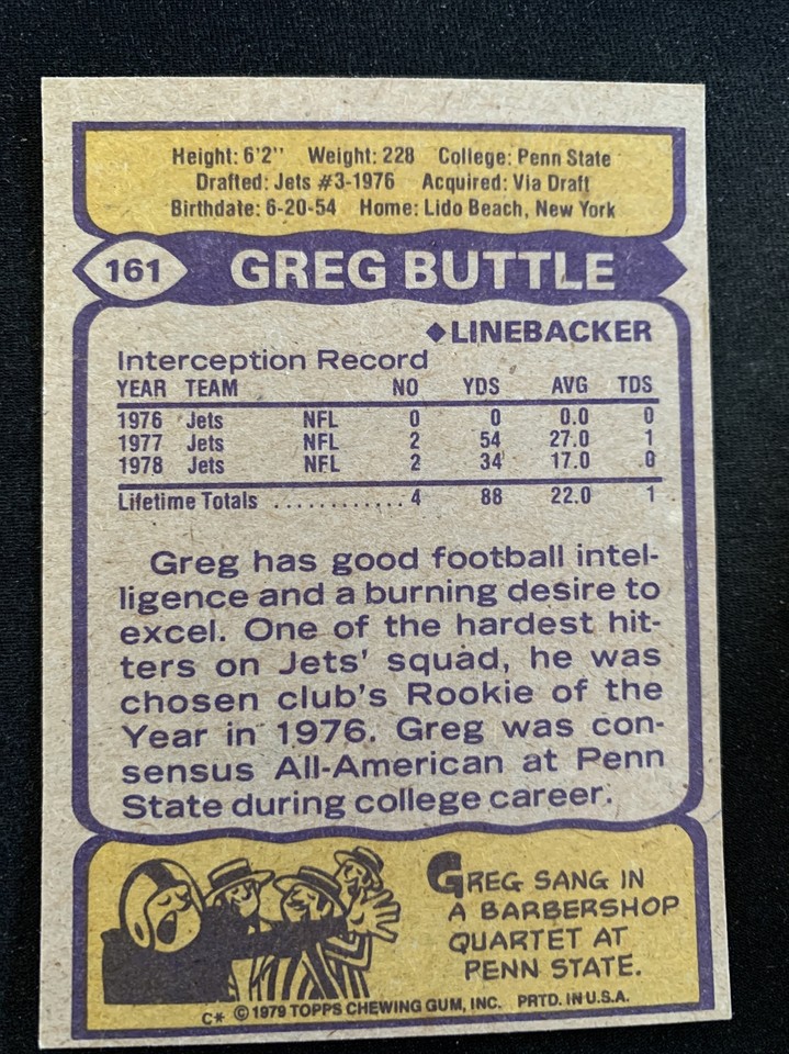 1979 Topps Football Card #161 Greg Buttle New York Jets NmMt Free ...