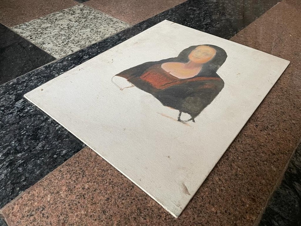 Alt Vintage Selten Einzigartig Handbemalt Lady Mona Lisa Leinen ...