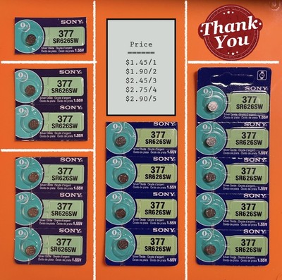 1-5 SONY 377 (Exp 2026) Watch Coin Button Cell Battery SR626SW Ships ...