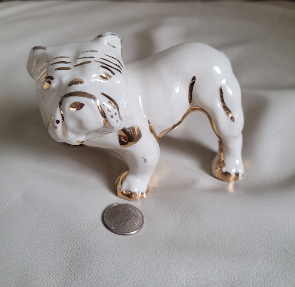 Vintage porcelain American Bulldog figurine white porcelain gold tone ...