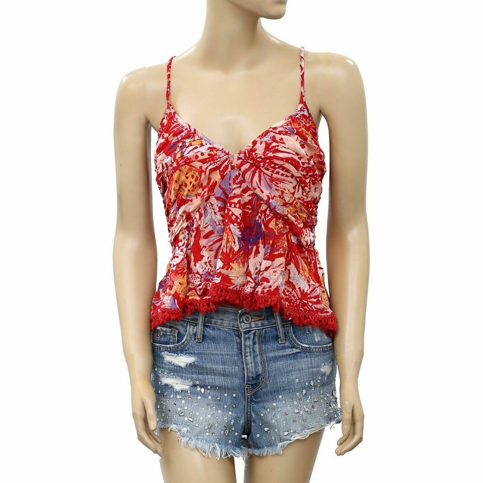 Free People Kahlo Printed Halter Cami Tank Top Smocked Macramé Tassel ...