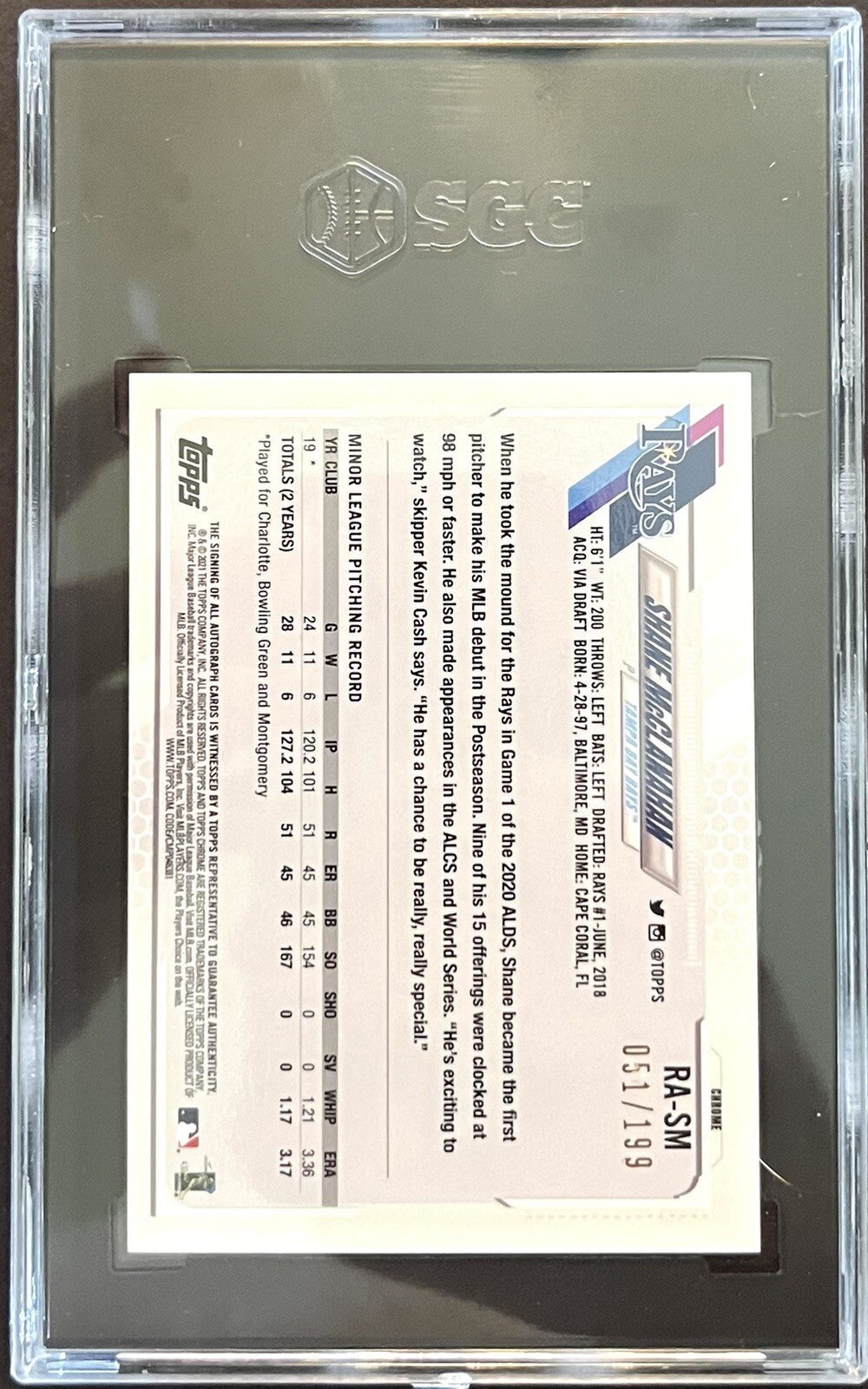 2021 TOPPS CHROME AQUA SHANE MCCLANAHAN @ 51/199 SGC 9 @ 10 AUTO ...