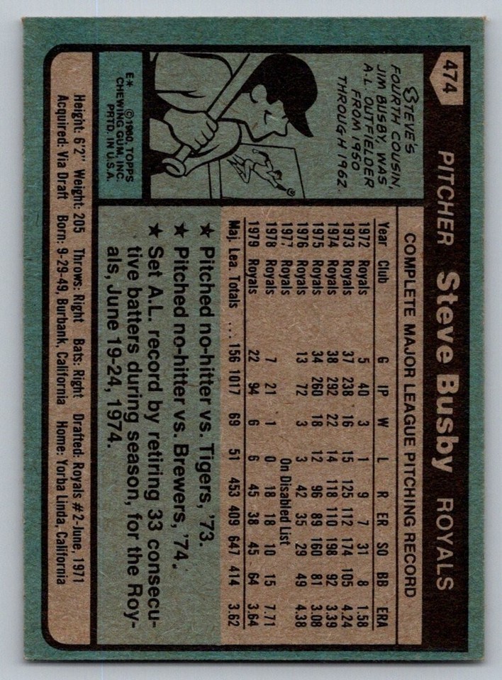 1980 TOPPS BASEBALL CARD ROYALS STEVE BUSBY | eBay