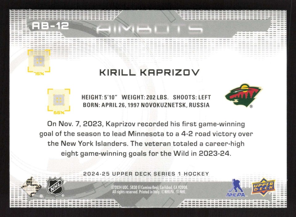 Kirill Kaprizov 2024-25 Upper Deck Series 1 Aimbots #AB-12 Minnesota ...