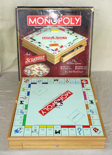 Monopoly and Scrabble Plus 4 Classic Games in Solid Wood Cabinet Very ...