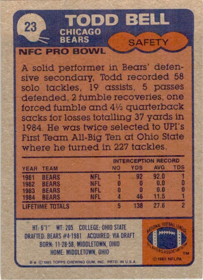 1985 TOPPS TODD BELL CHICAGO BEARS #23 | eBay