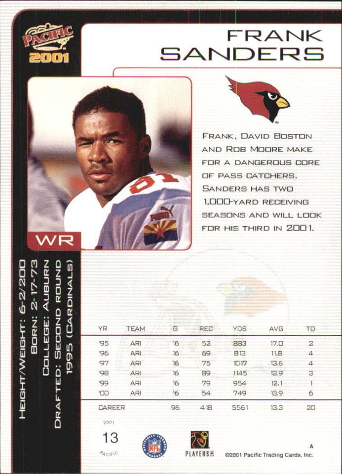 2001 Pacific Football Card #13 Frank Sanders | eBay