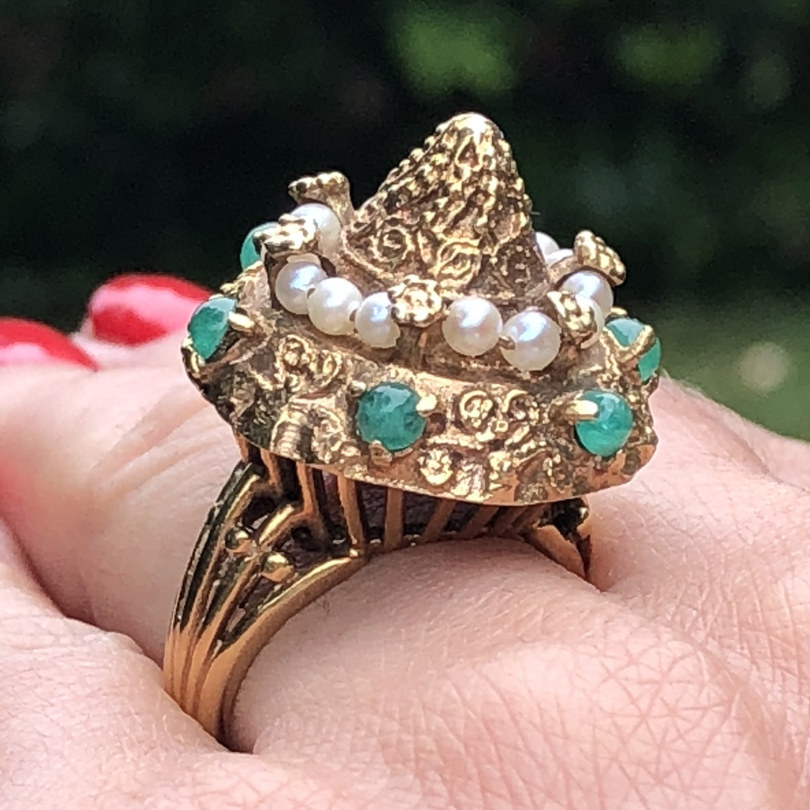 Etruscan Revival 14K Yellow Gold Seed Pearl Emerald Cab Thai Princess ...