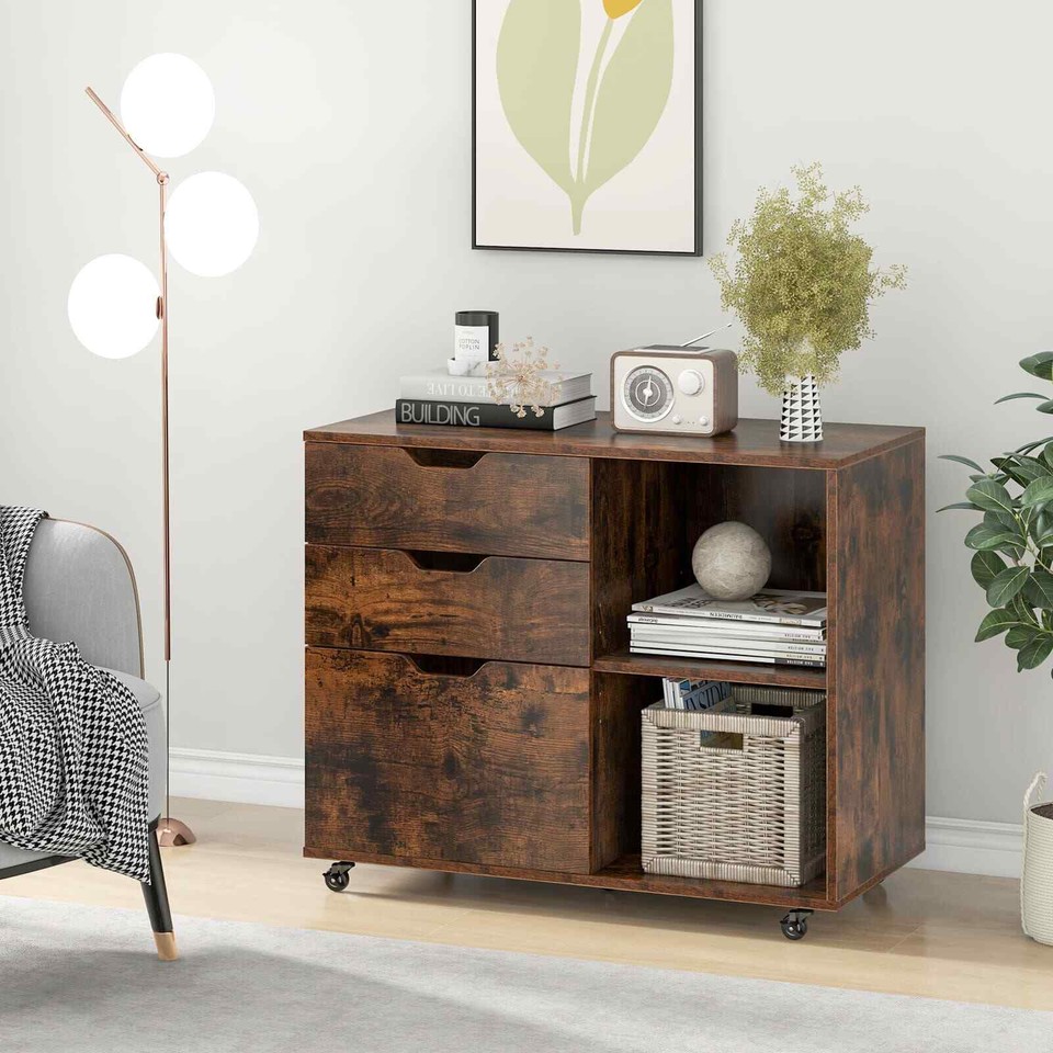 COSTWAY Mobile File Cabinet Printer Stand Cabinet on Wheels w/3 Drawers ...