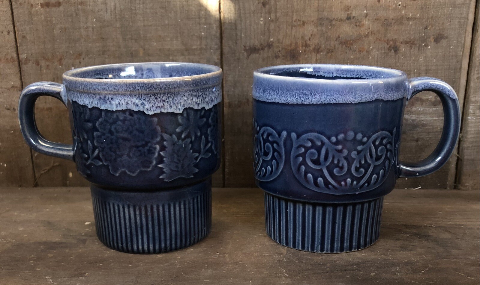 2 Vintage Navy Blue Drip Glaze Coffee Mugs Japan Stackable Ceramic | eBay