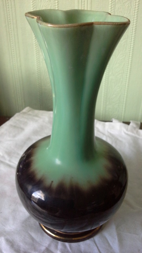 Retro West German FOREIGN Art Pottery VASE - fluted top -Green / Brown ...