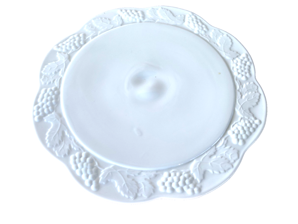 Vtg 60s Milk Glass Pedestal Cake Stand Grape Vine Pattern 13" Round ...