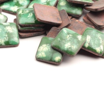 Vintage Czech lampwork green marble glass over metal square cabochon ...