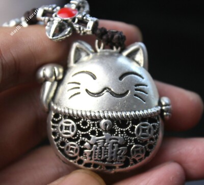 Old Chinese Silver Dynasty Palace Maneki-neko Statue Pendant cat Amulet ...